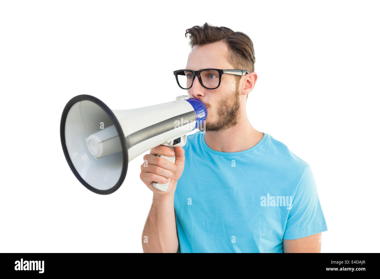 Handsome hipster talking through megaphone Stock Photo - Alamy