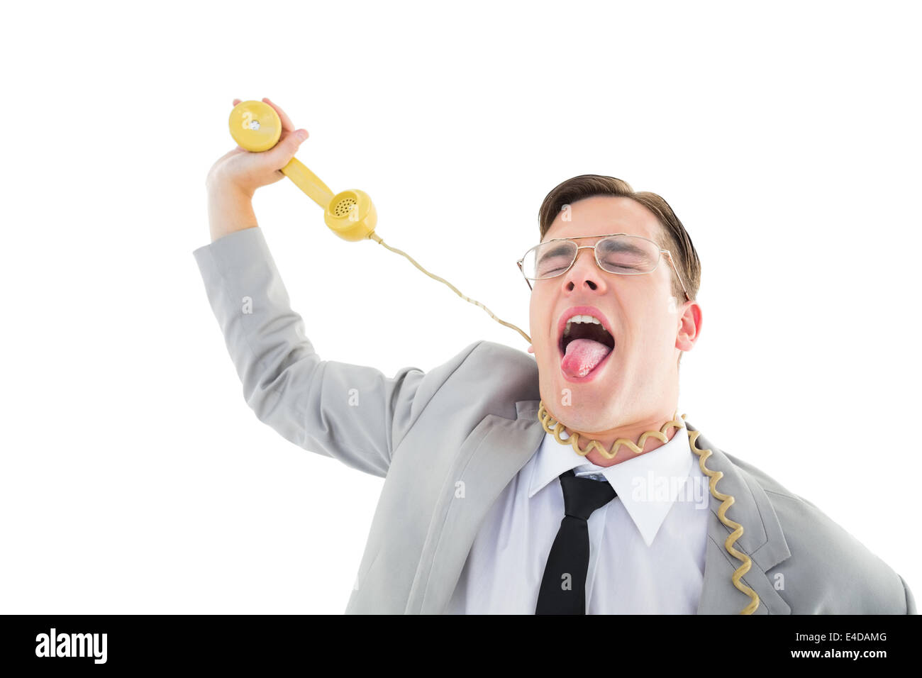 Geeky businessman being strangled by phone cord Stock Photo - Alamy