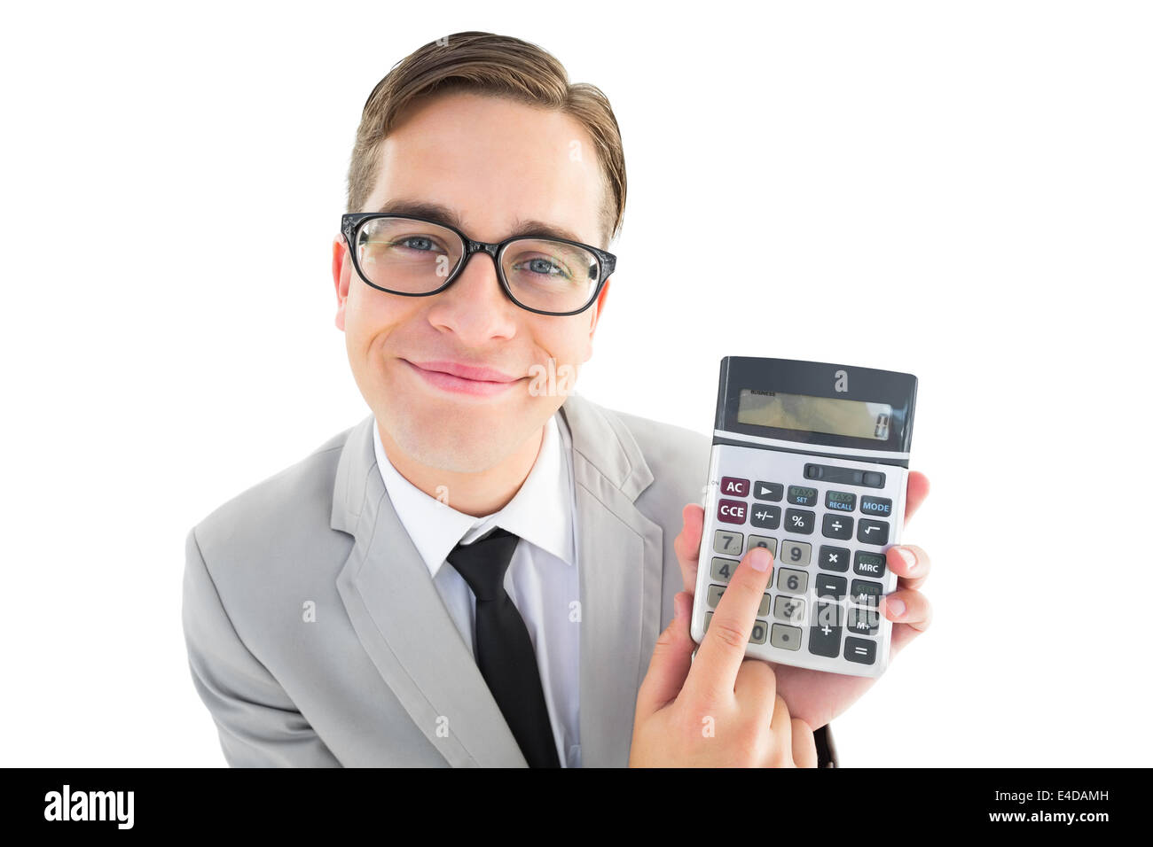 Geeky smiling businessman showing calculator Stock Photo - Alamy