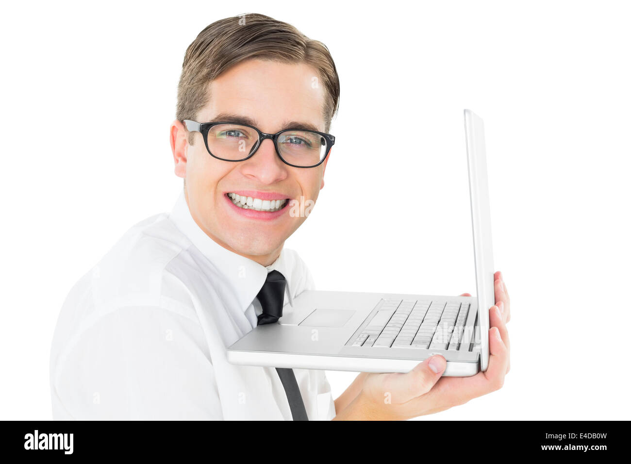 Geeky businessman holding his laptop Stock Photo - Alamy