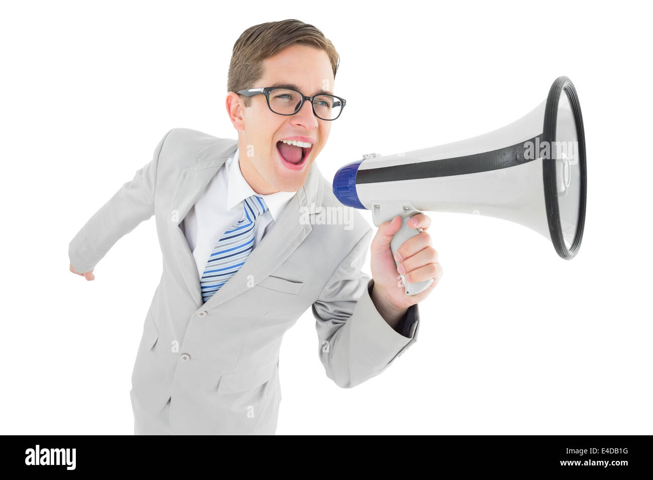 Geeky businessman shouting through megaphone Stock Photo - Alamy