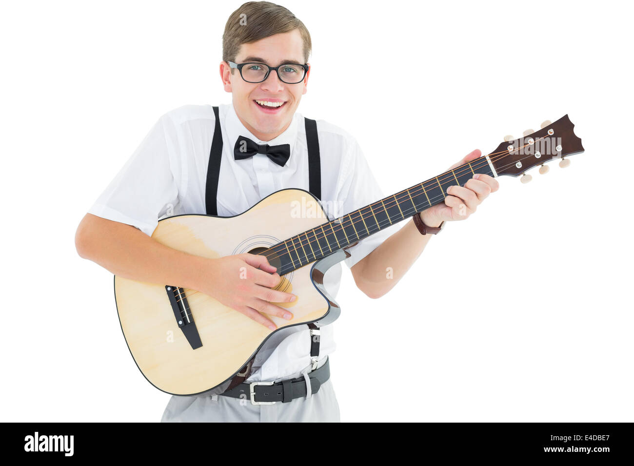 Geeky hipster playing guitar and singing Stock Photo - Alamy