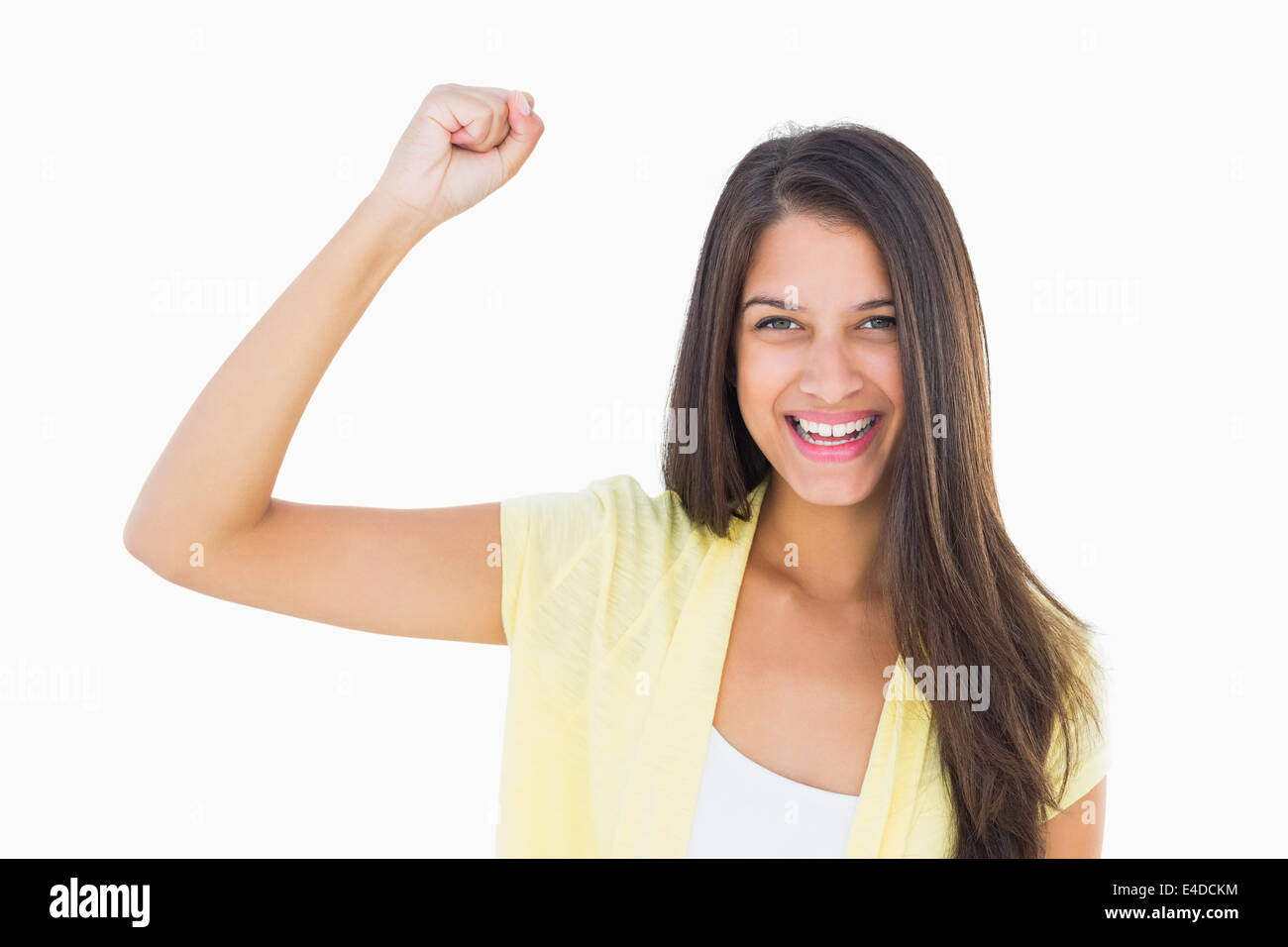 happy-casual-woman-cheering-at-camera-stock-photo-alamy