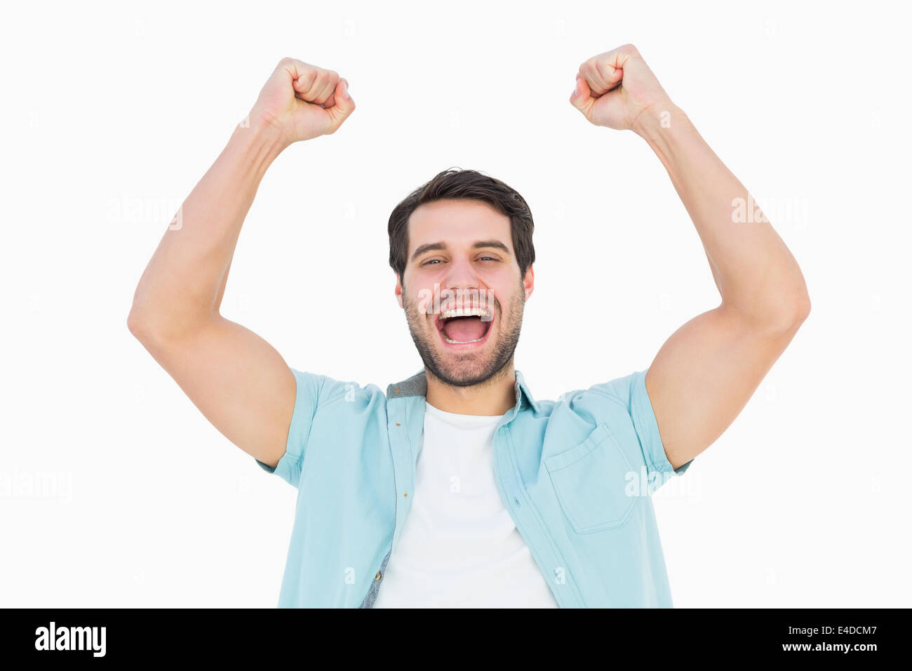 Happy casual man cheering at camera Stock Photo - Alamy