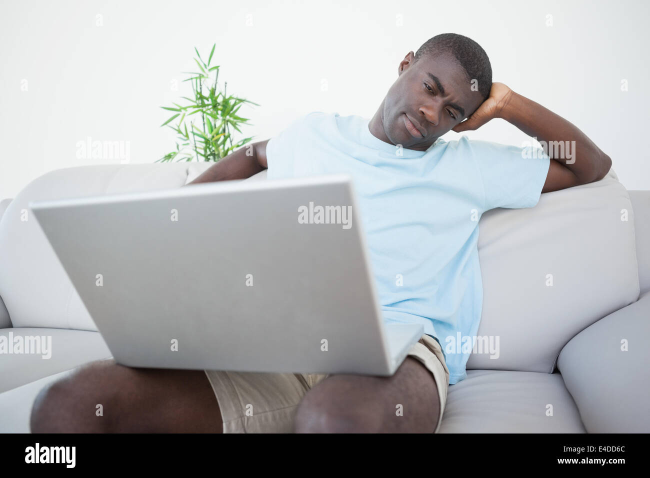 Casual man sitting on sofa using laptop Stock Photo - Alamy