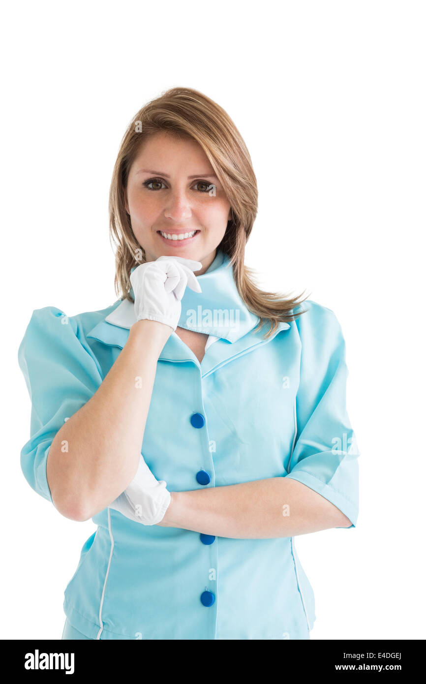 Beautiful stewardess dressed in blue uniform Stock Photo - Alamy