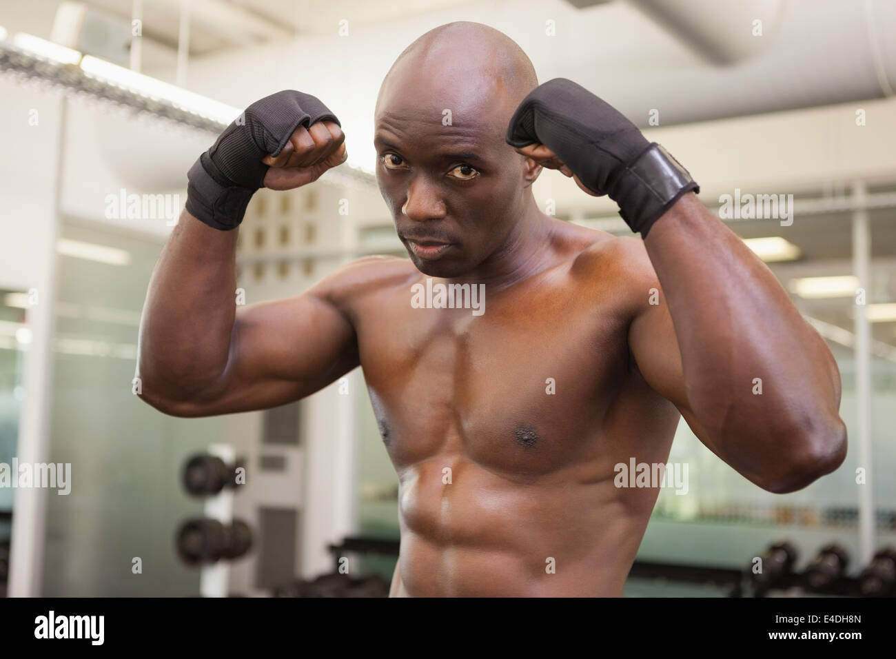 Muscular boxer in defensive stance in health club Stock Photo - Alamy