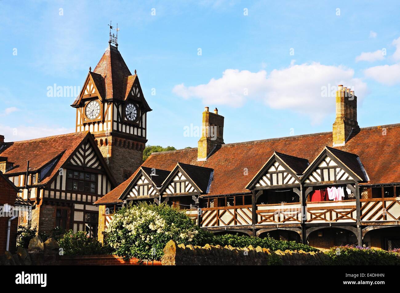 Ledbury library and clock tower to the left with a row of houses to the ...
