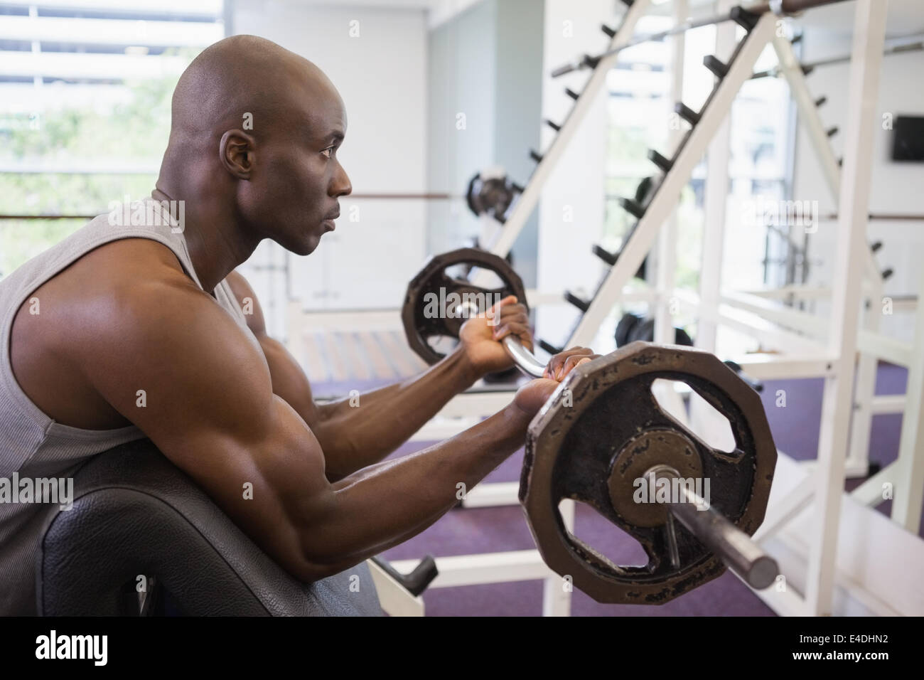 Muscular man lifting barbell in gym Stock Photo - Alamy