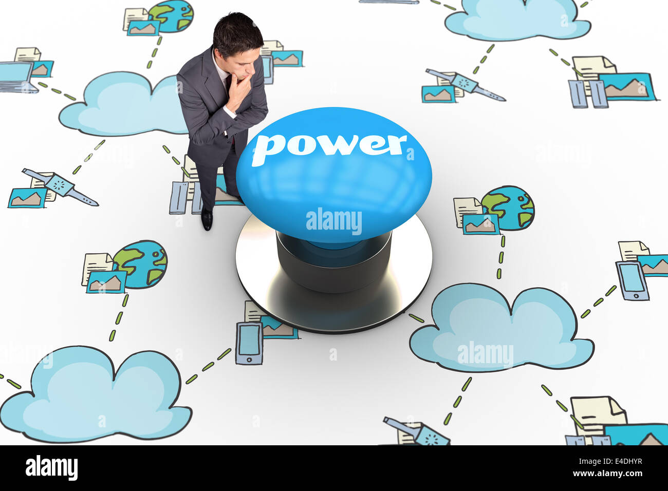 Power against blue push button Stock Photo - Alamy