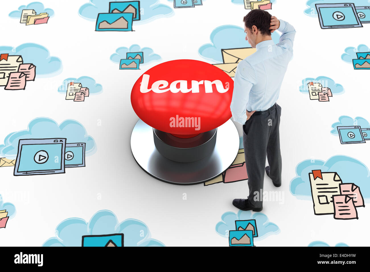 Learn against digitally generated red push button Stock Photo - Alamy