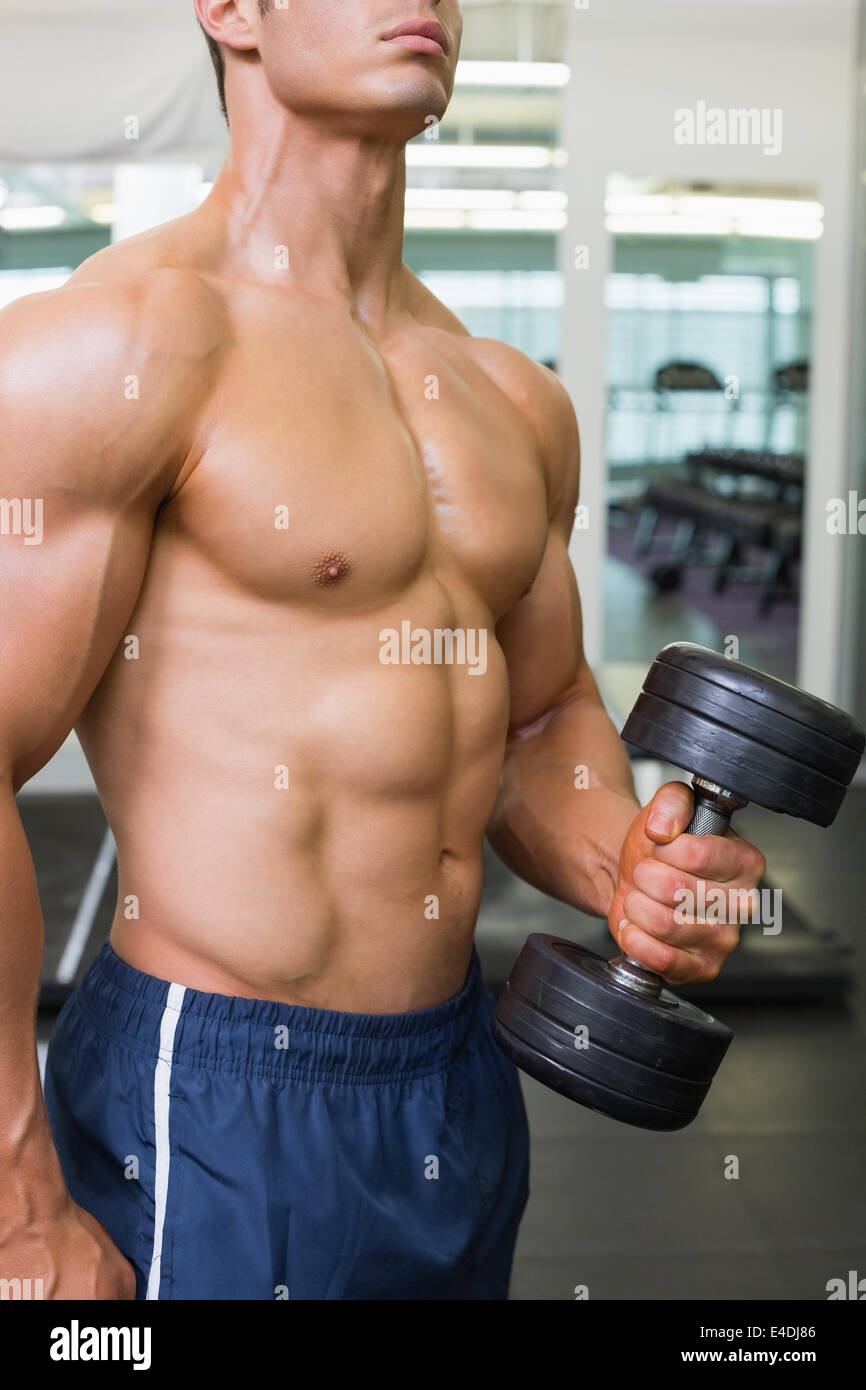 Mid section of shirtless muscular man exercising with dumbbell Stock ...