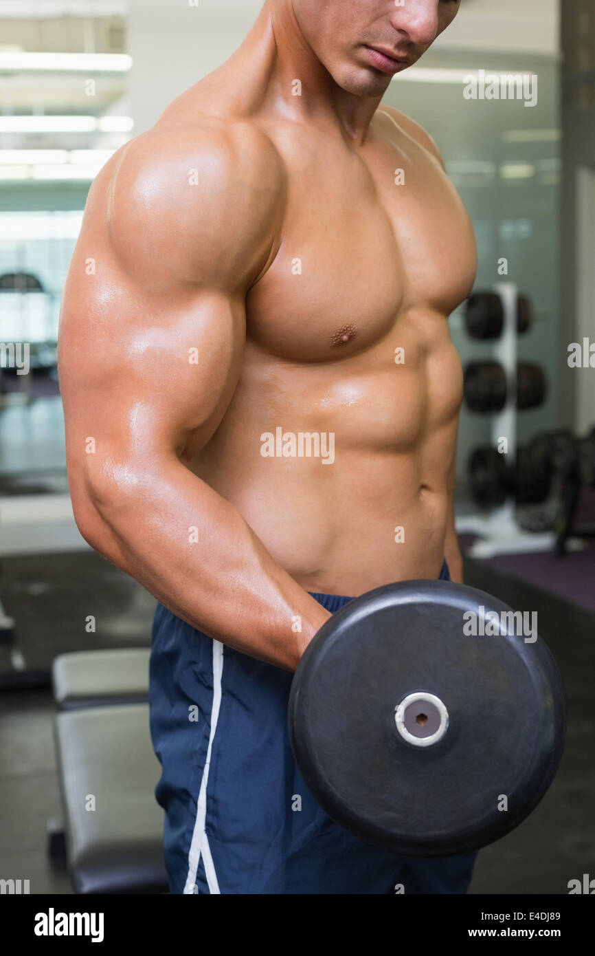 Mid section of shirtless muscular man exercising with dumbbell Stock ...