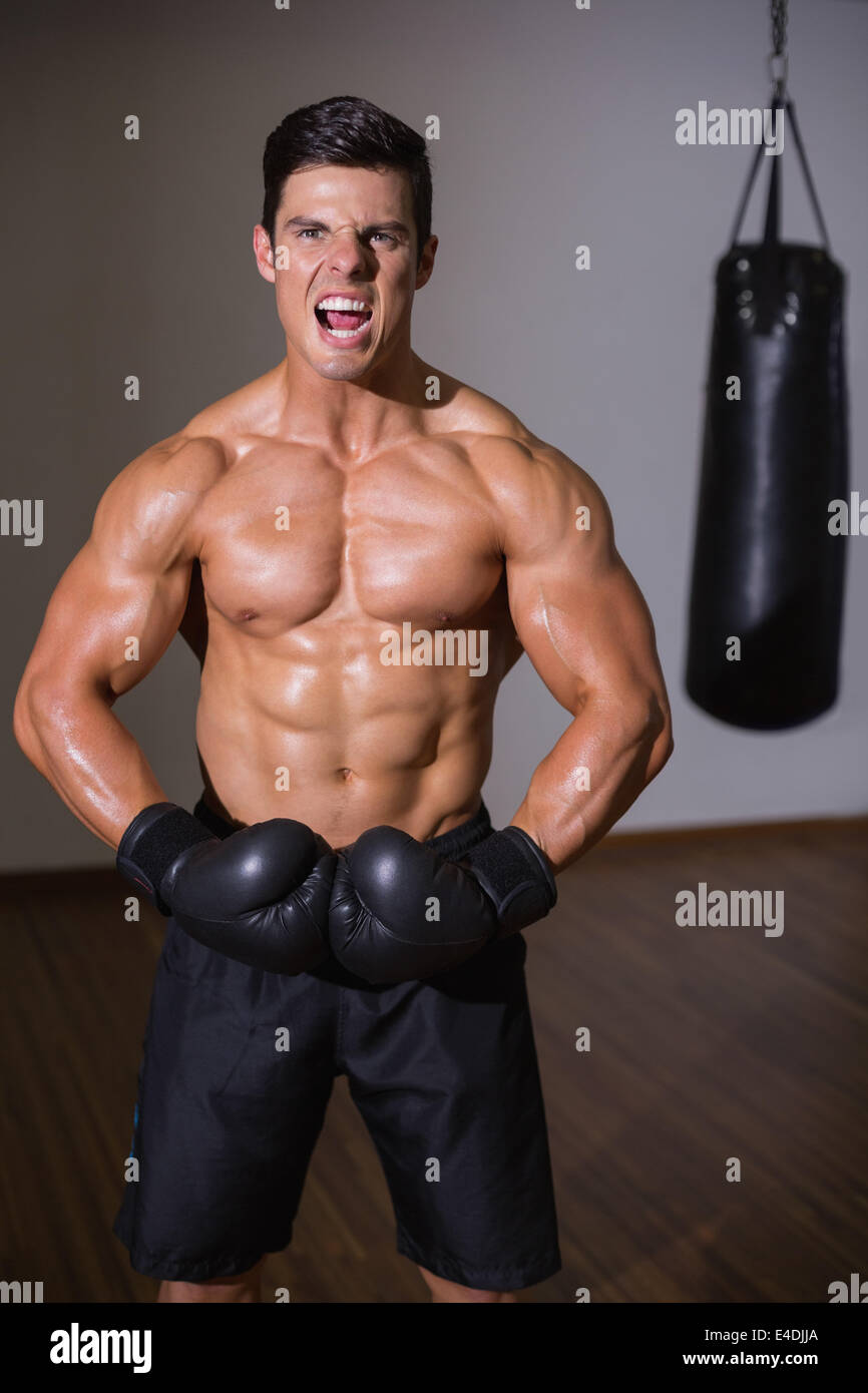 Shirtless muscular boxer shouting in health club Stock Photo - Alamy