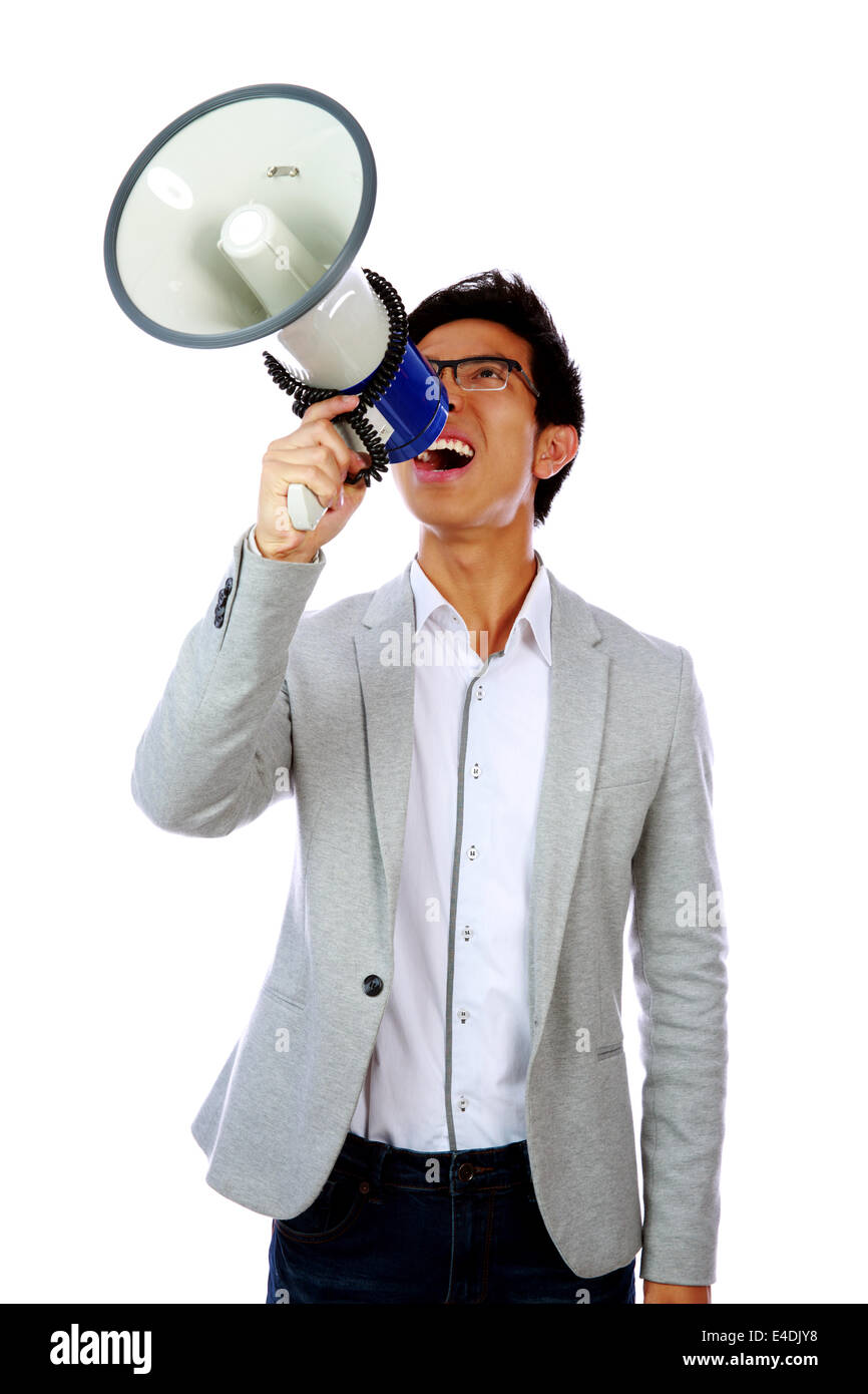 Portrait of young asian man shouting with megaphone Stock Photo - Alamy