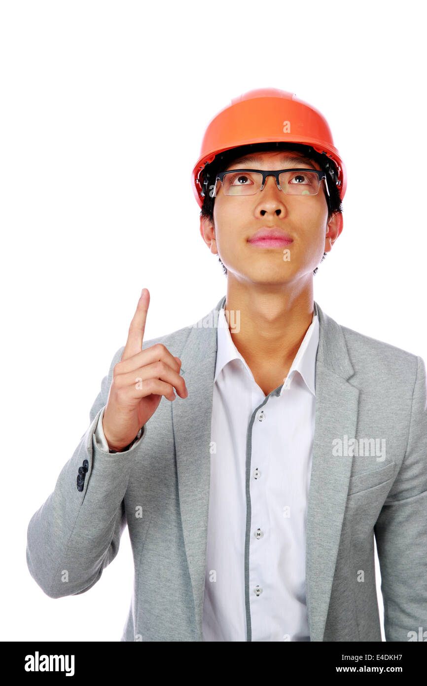 Asian engineer man point up isolated on white background Stock Photo ...