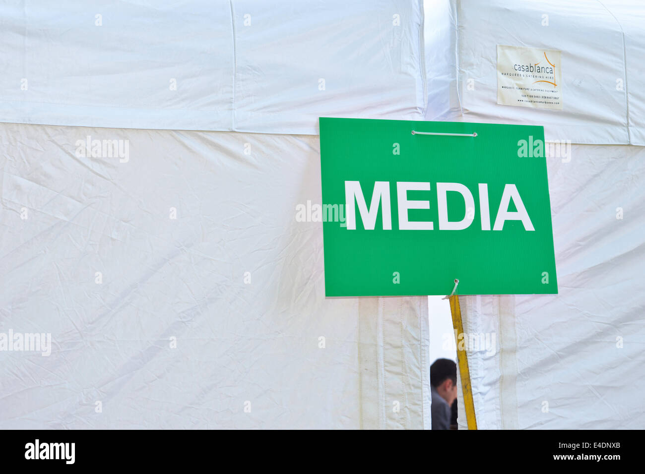 Media tent sign at an event in London Stock Photo - Alamy