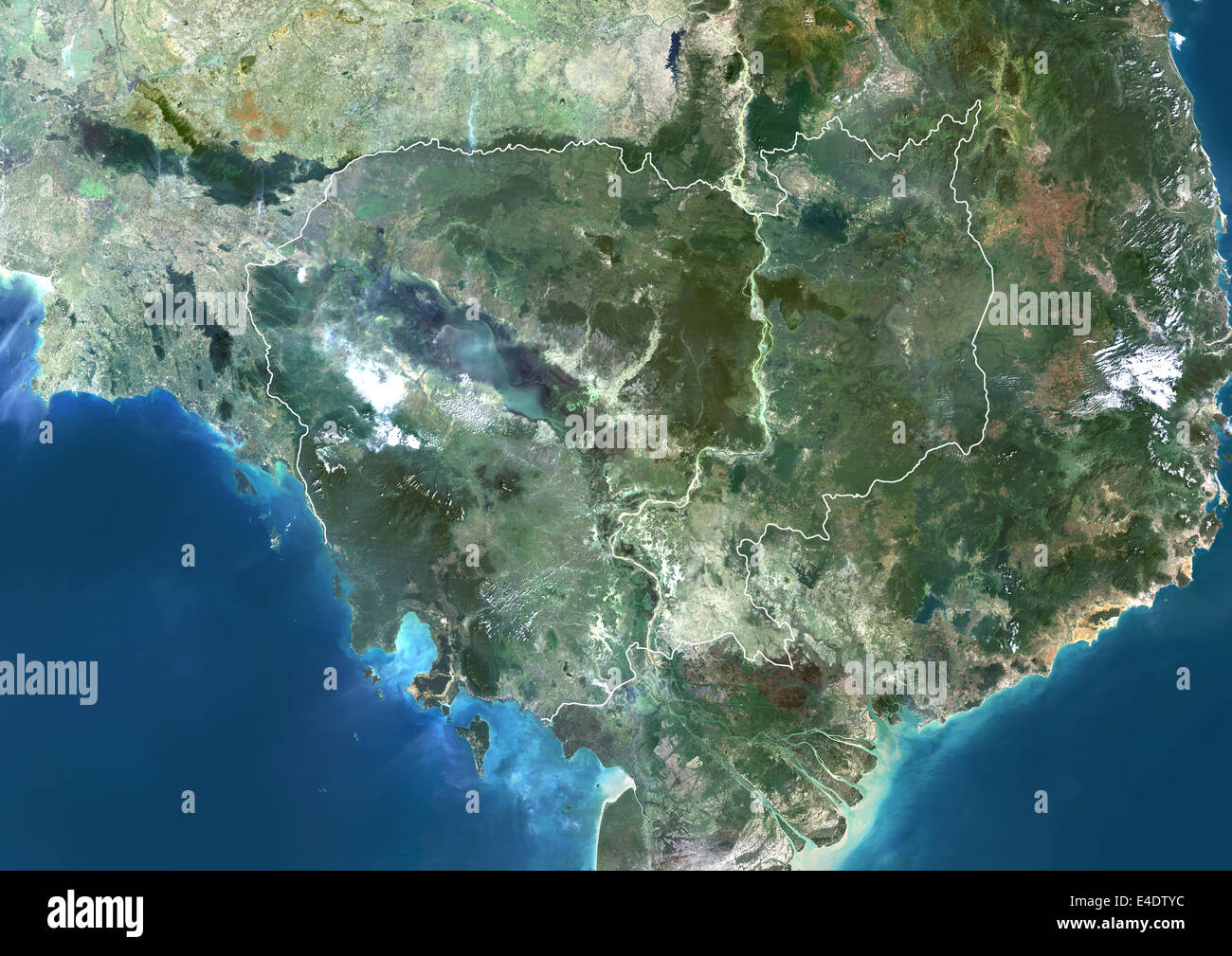 Cambodia, Asia, True Colour Satellite Image With Border. Satellite view ...