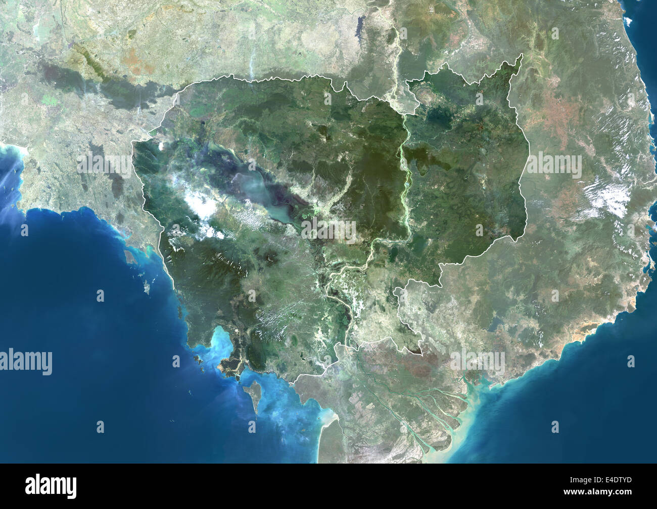 Cambodia, Asia, True Colour Satellite Image With Border And Mask. Satellite view of Cambodia ...