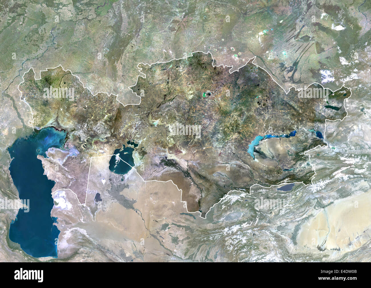 Kazakhstan, Asia, True Colour Satellite Image With Border And Mask. Satellite view of Kazakhstan ...