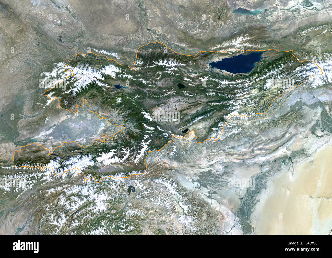 Kyrgyzstan, Asia, True Colour Satellite Image With Border And Mask. Satellite view of Kyrgyzstan ...
