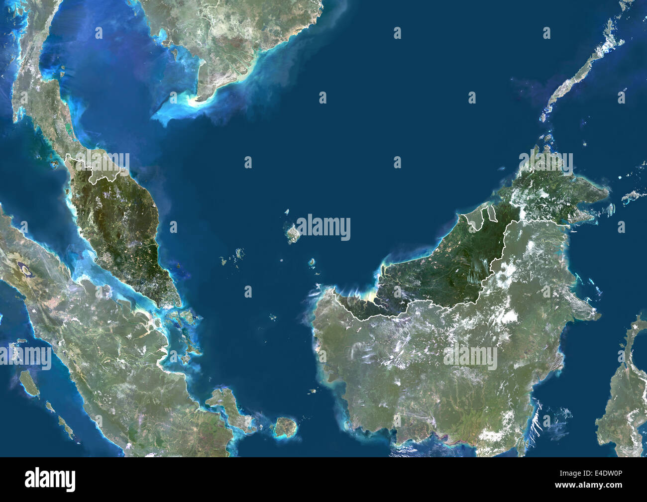 Malaysia, Asia, True Colour Satellite Image With Border And Mask. Satellite view of Malaysia ...