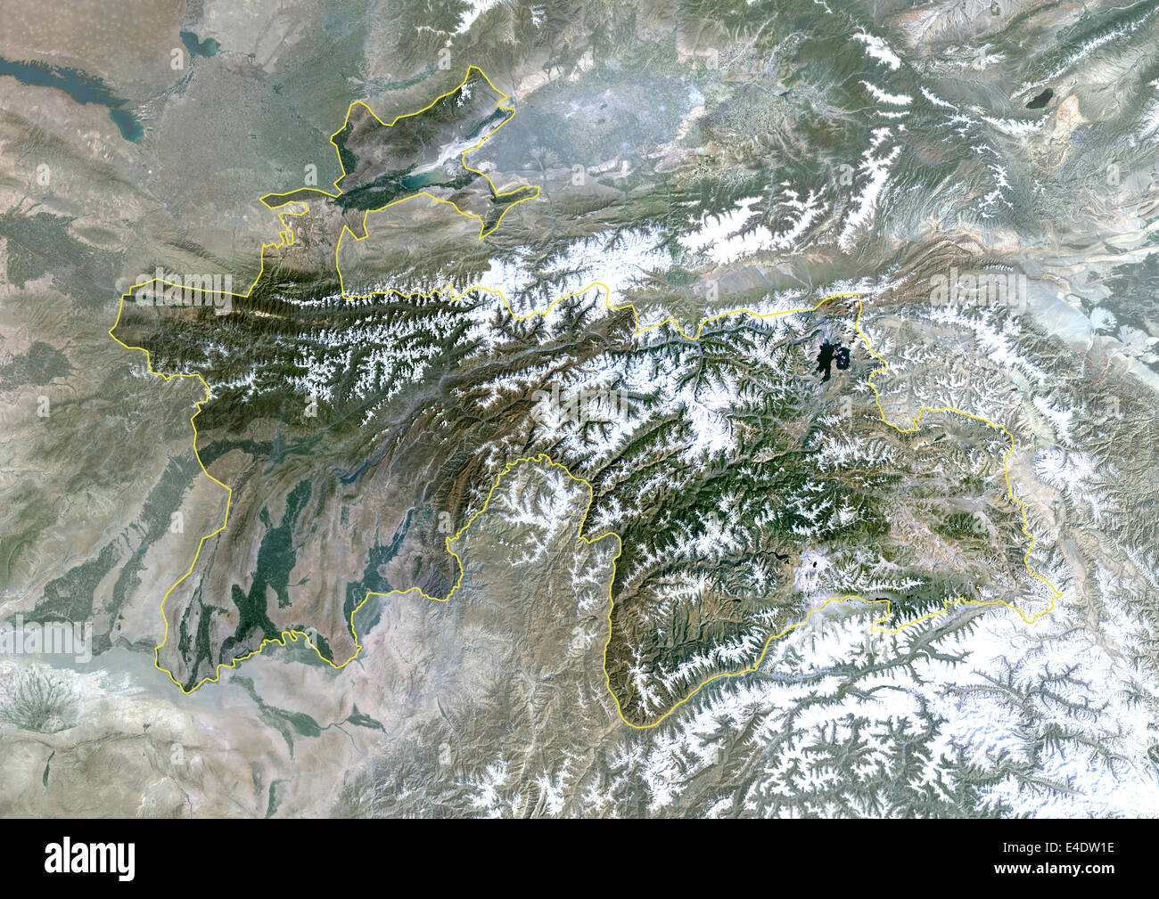 Tajikistan, Asia, True Colour Satellite Image With Border And Mask. Satellite view of Tajikistan ...