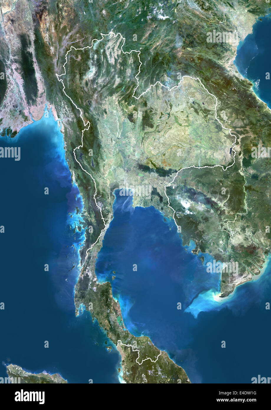 Thailand, Asia, True Colour Satellite Image With Border. Satellite view ...