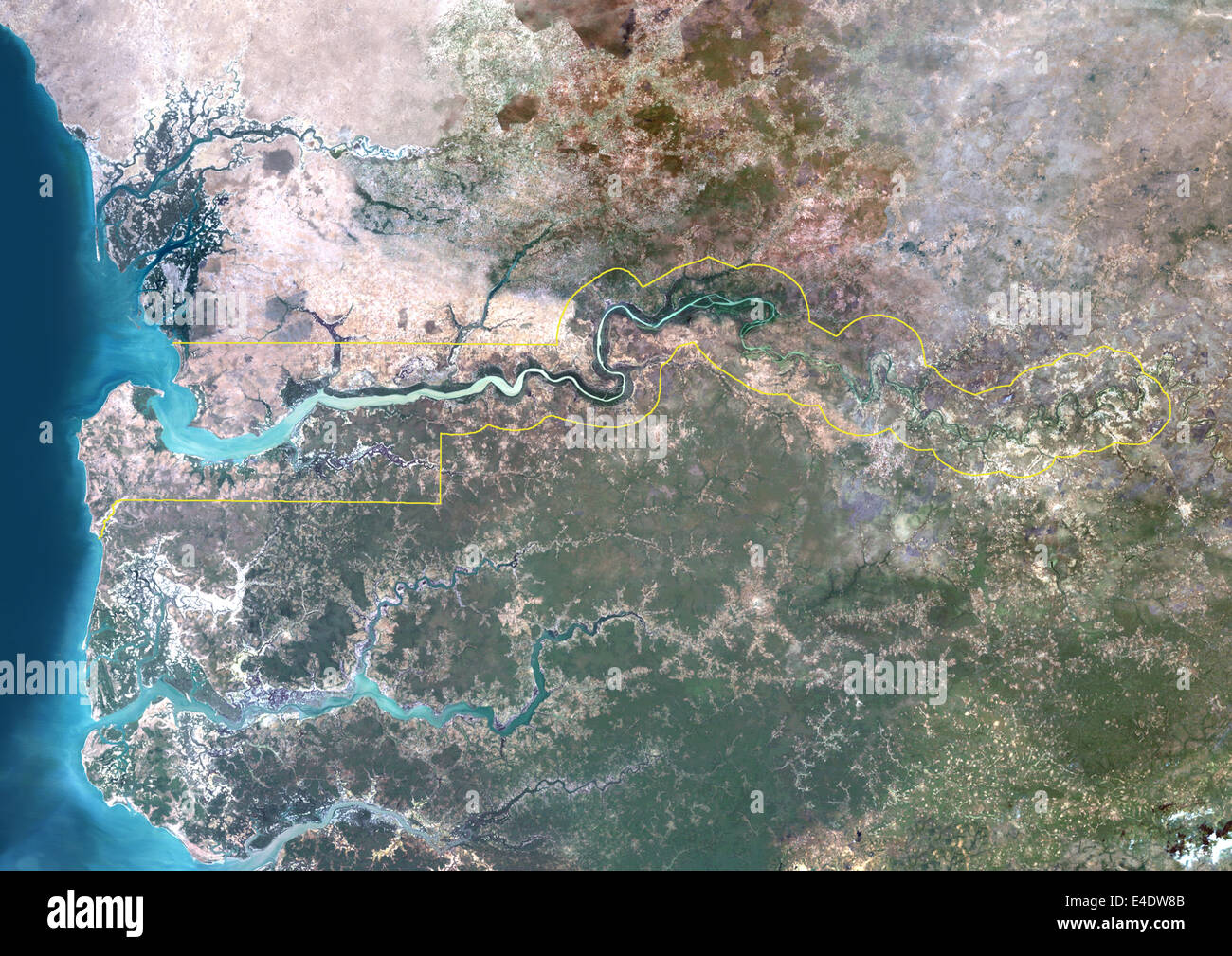 Gambia, Africa, True Colour Satellite Image With Border. Satellite view of Gambia (with border ...