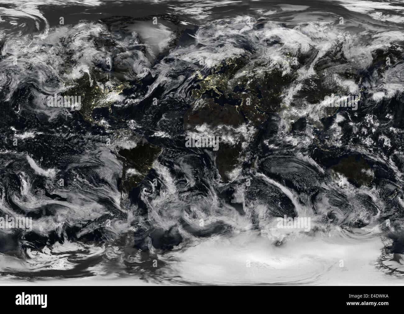 Whole Earth At Night With Cloud Coverage, True Colour Satellite Image ...