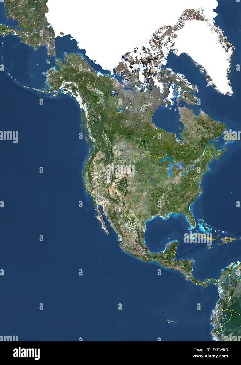 North America With Country Borders, True Colour Satellite Image. True ...