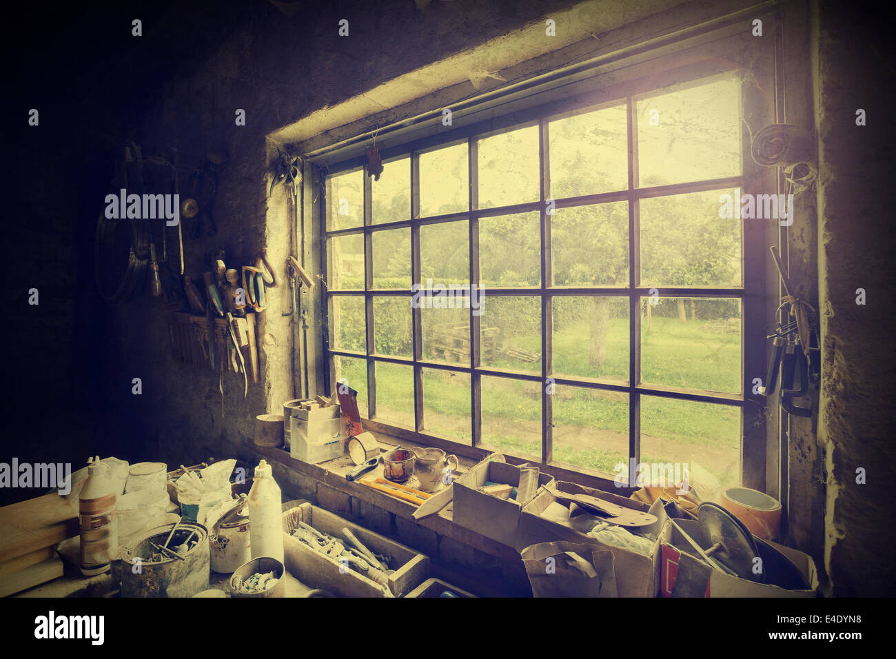 Window in carpenter's workshop, vintage style Stock Photo - Alamy