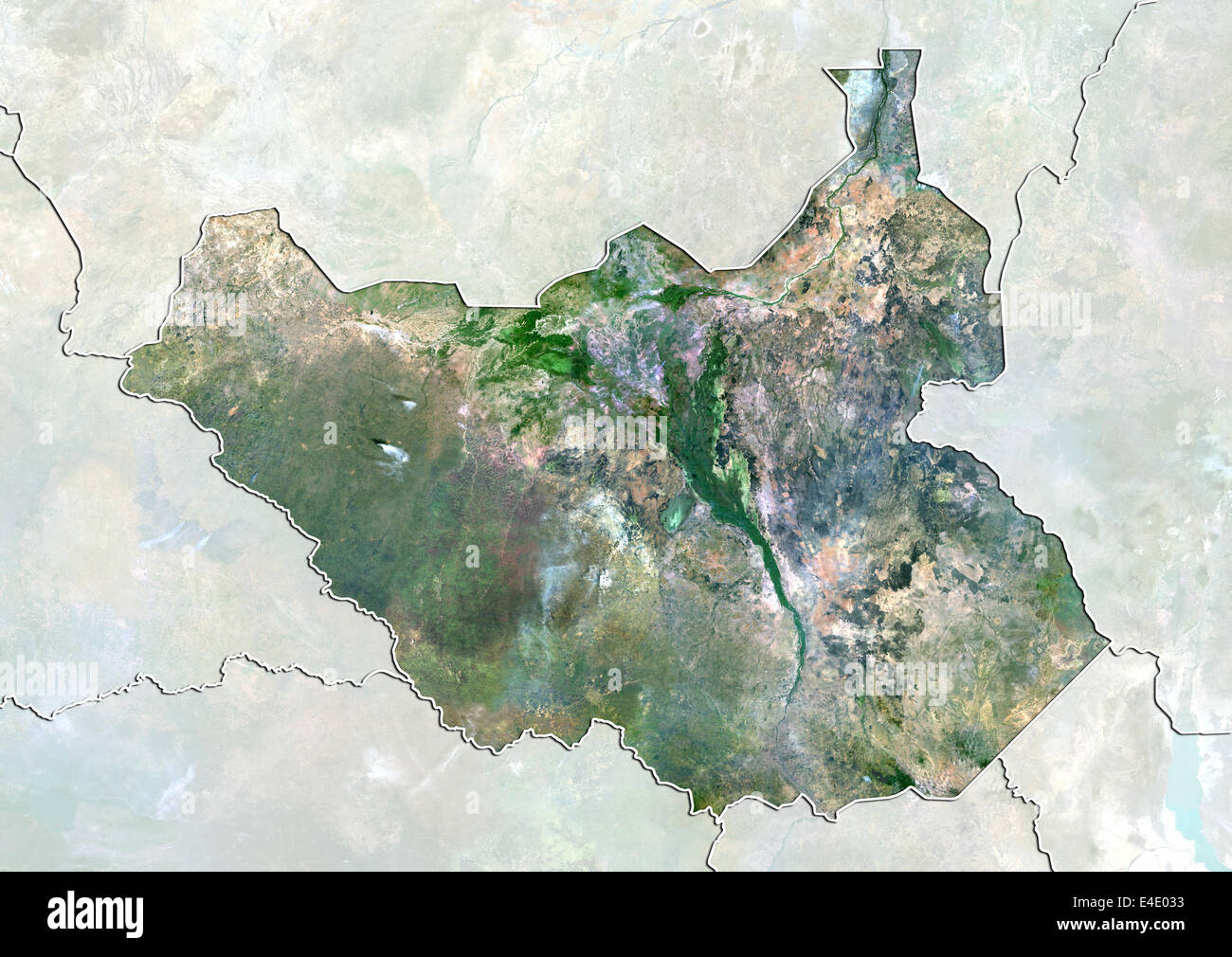 South Sudan, True Colour Satellite Image With Border and Mask Stock ...