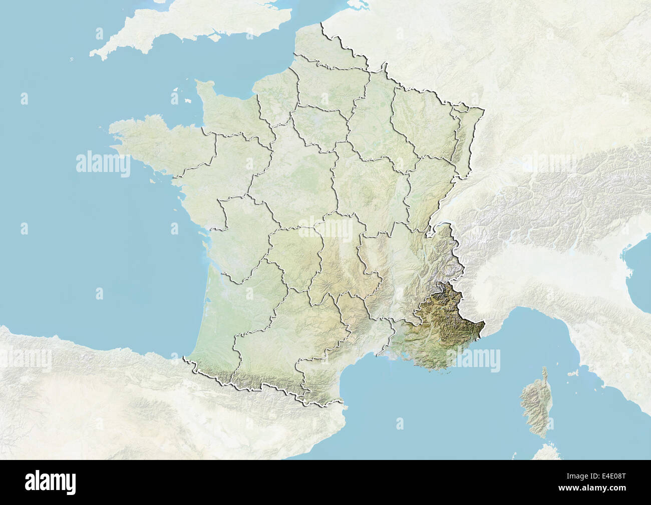 France and the Region of Provence-Alpes-Cote d'Azur, Relief Map Stock ...