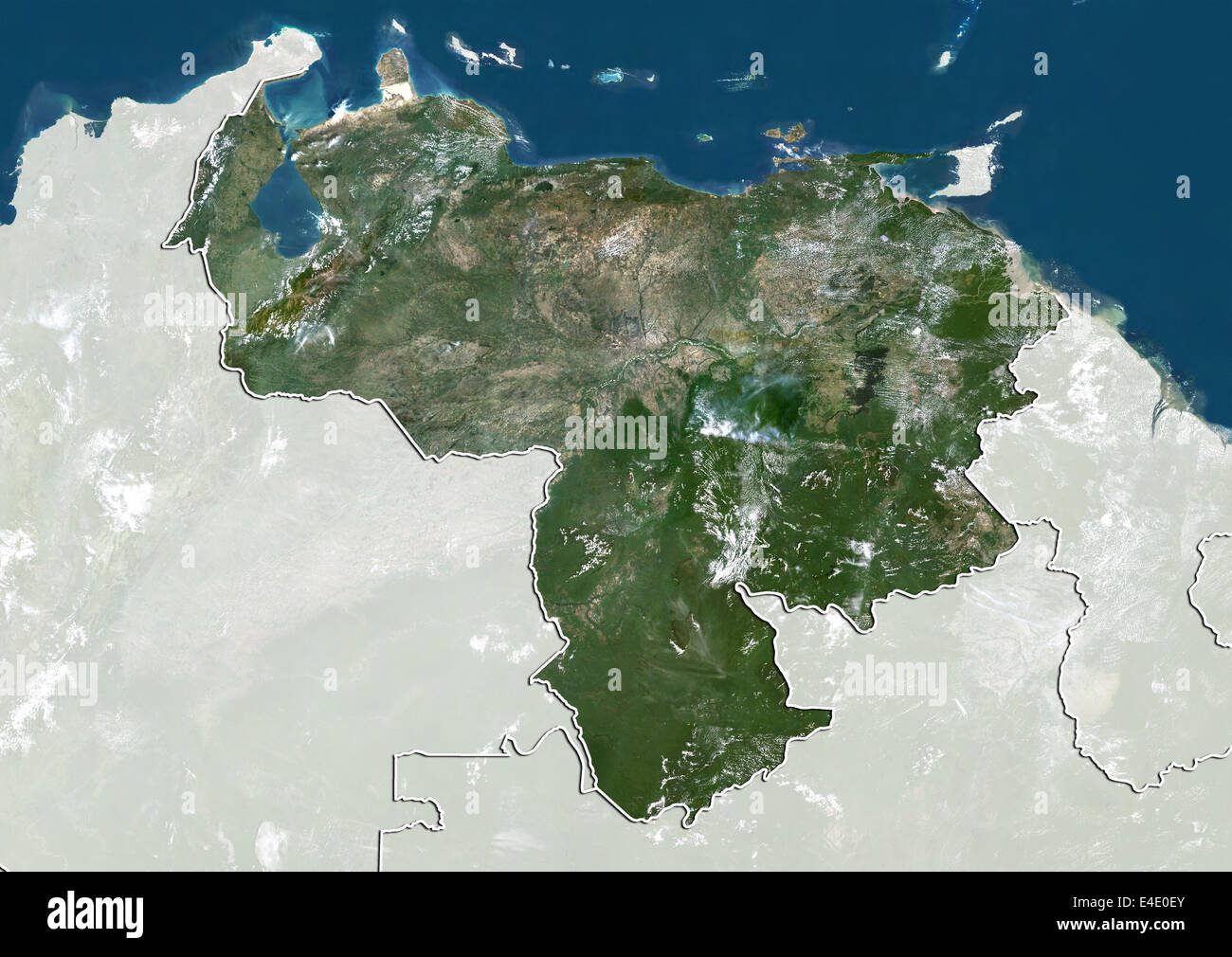 Venezuela, True Colour Satellite Image With Border and Mask Stock Photo ...
