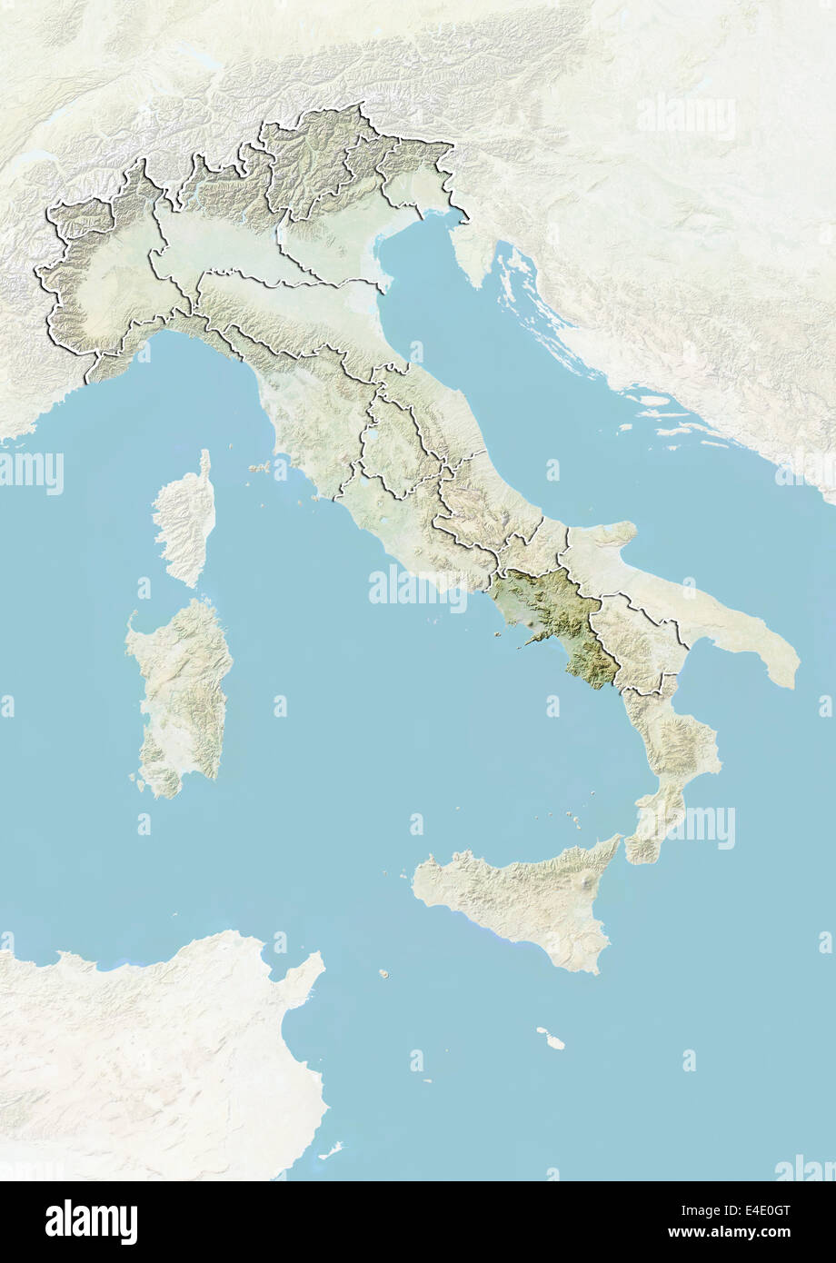 Italy and the Region of Campania, Relief Map Stock Photo - Alamy