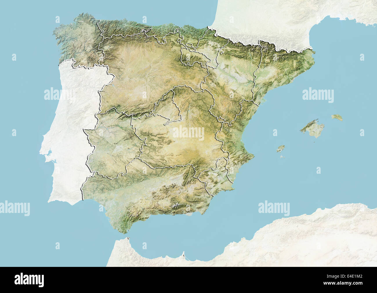 Spain, Relief Map With Boundaries of Regions Stock Photo - Alamy