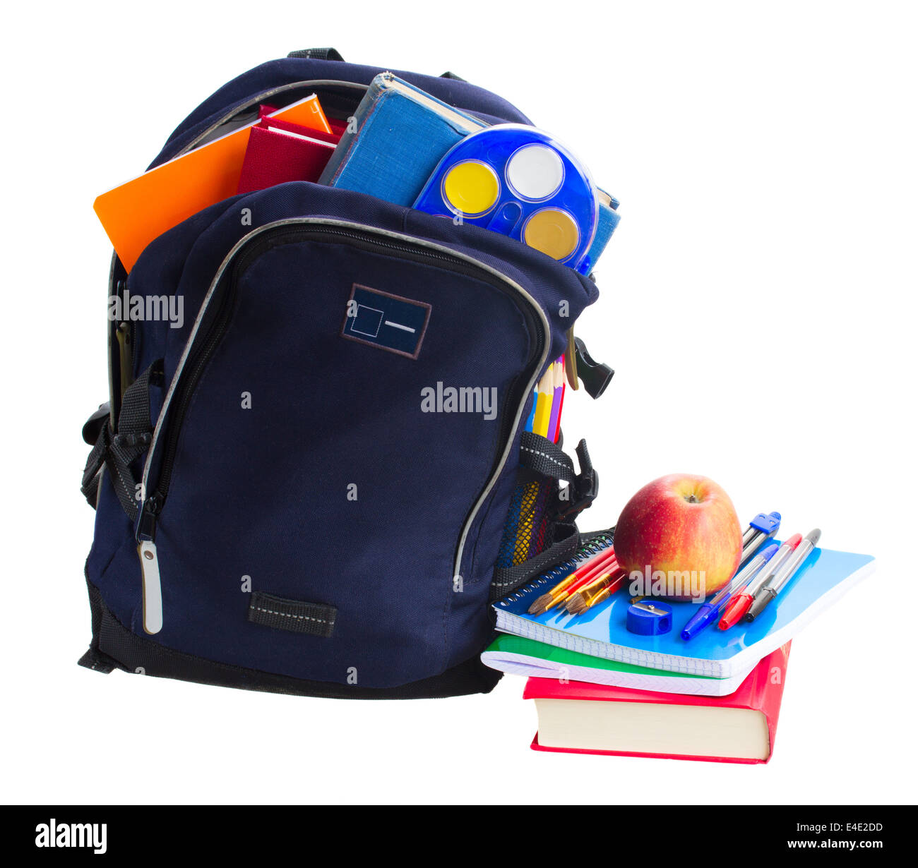open school backpack with stationery Stock Photo - Alamy