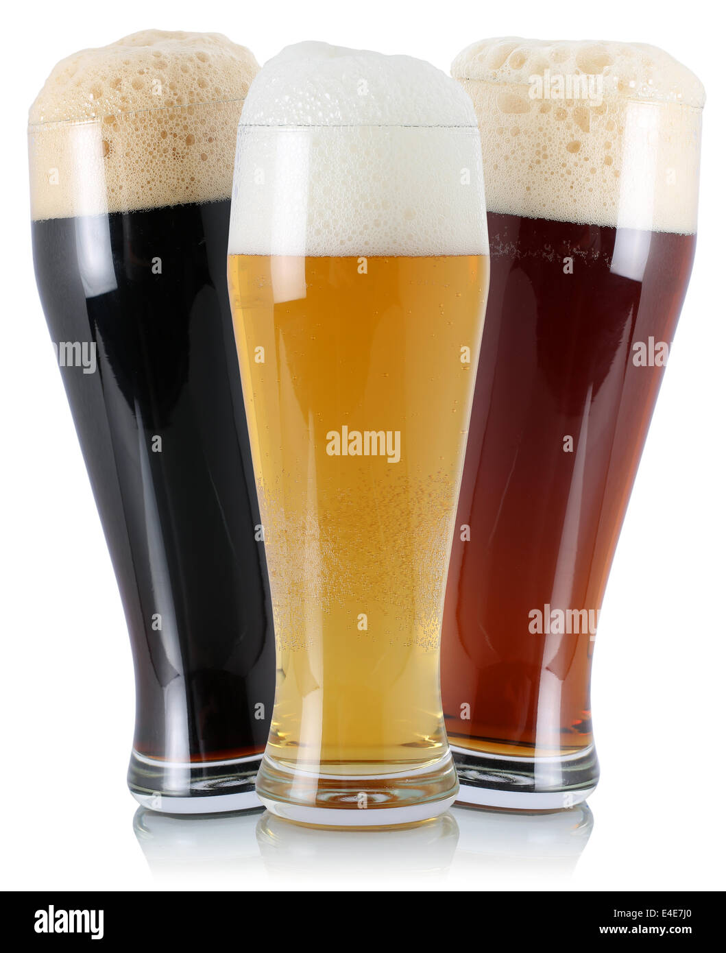 Three different beers in glass with foam, isolated on a white ...
