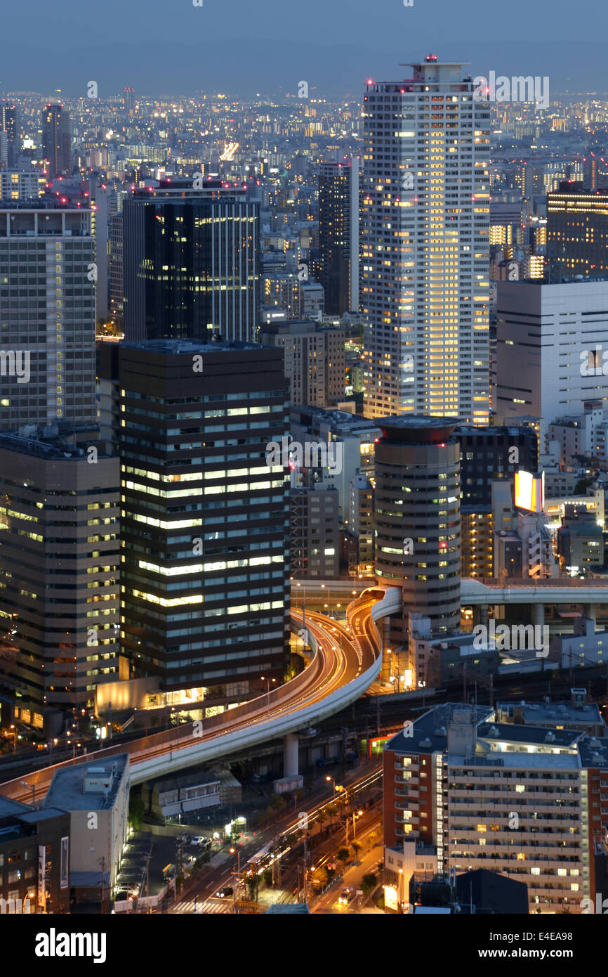 Osaka Japan city skyline and downtown skyscrapers illuminated at night ...