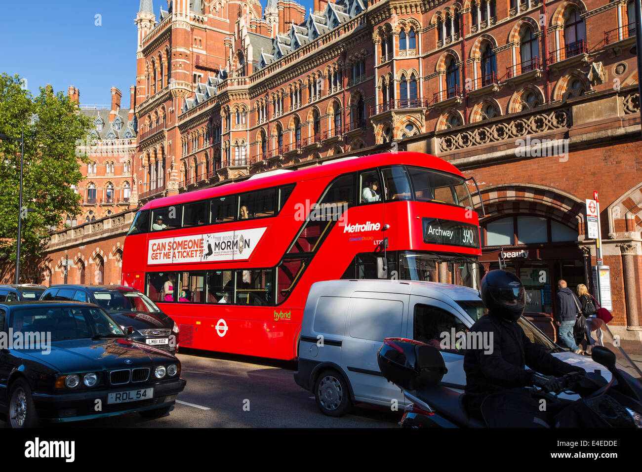 An ultra modern hybrid routemaster bus by St Pancras station in London ...
