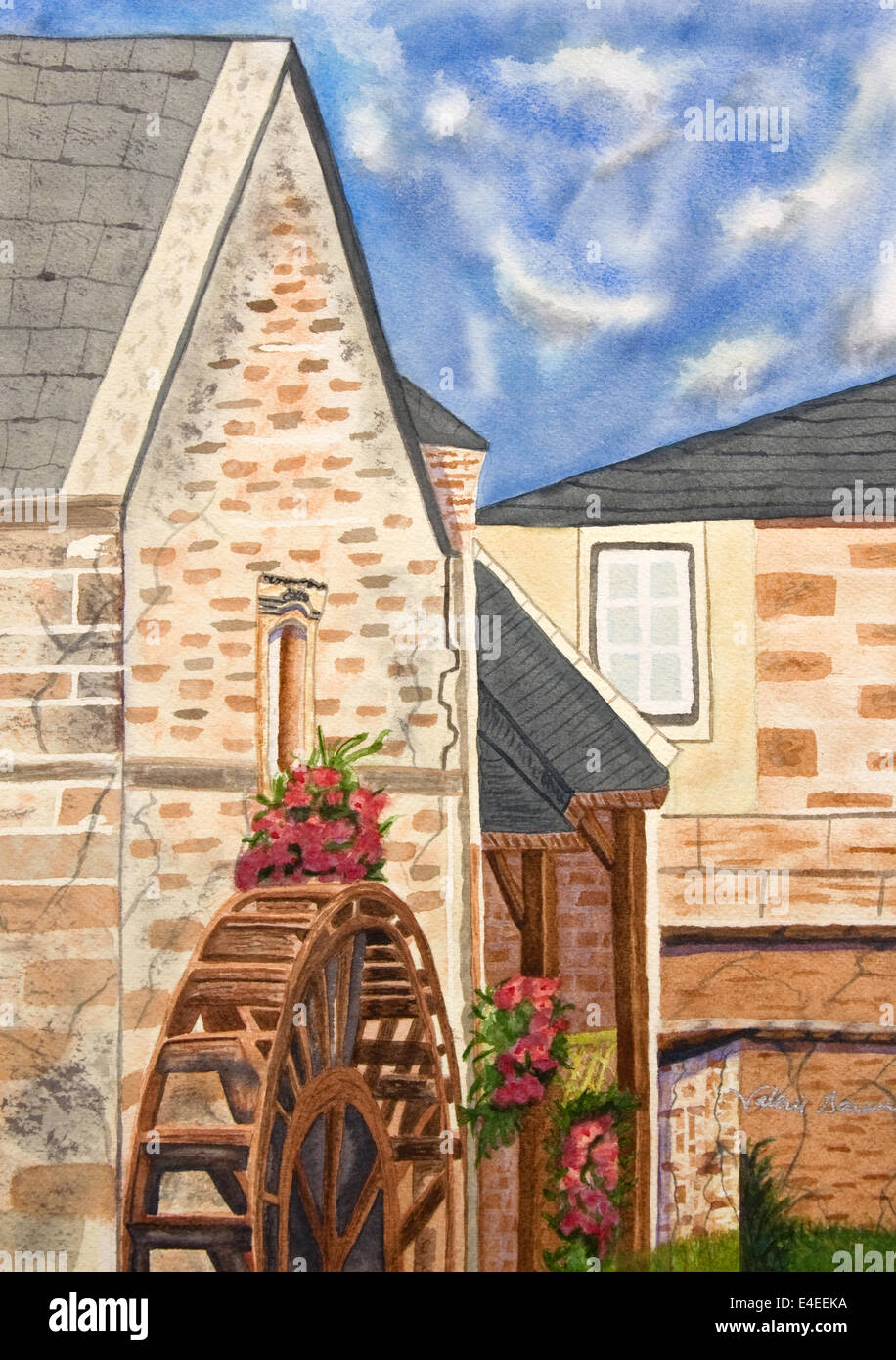 This watercolor art is a painting of an old French mill used in history ...