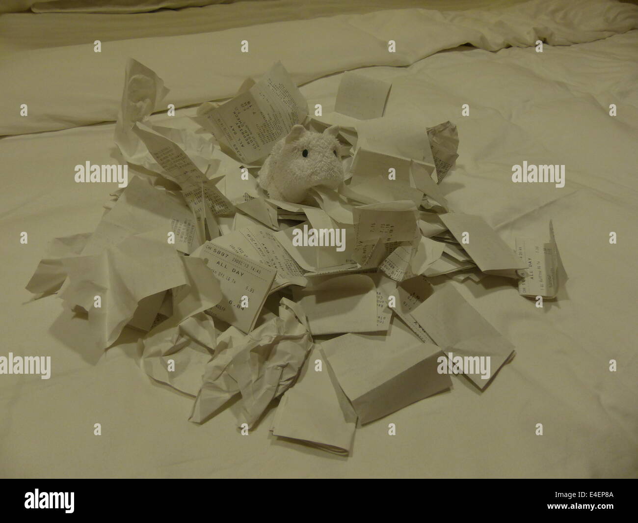 A stuffed toy mouse nestled in a pile of paper receipts on a bed Stock ...