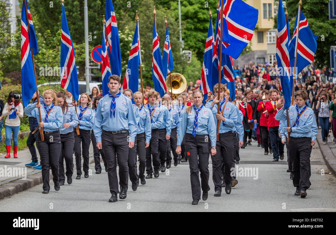 Scouts parading with Icelandic Flags. June 17th-Iceland's Independence ...