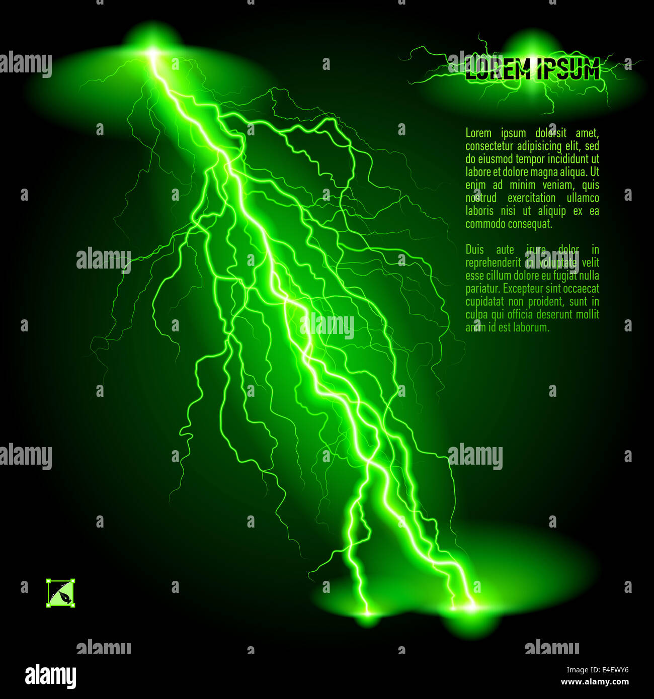 Green oblique branchy lightning line. Illustration with space for text ...