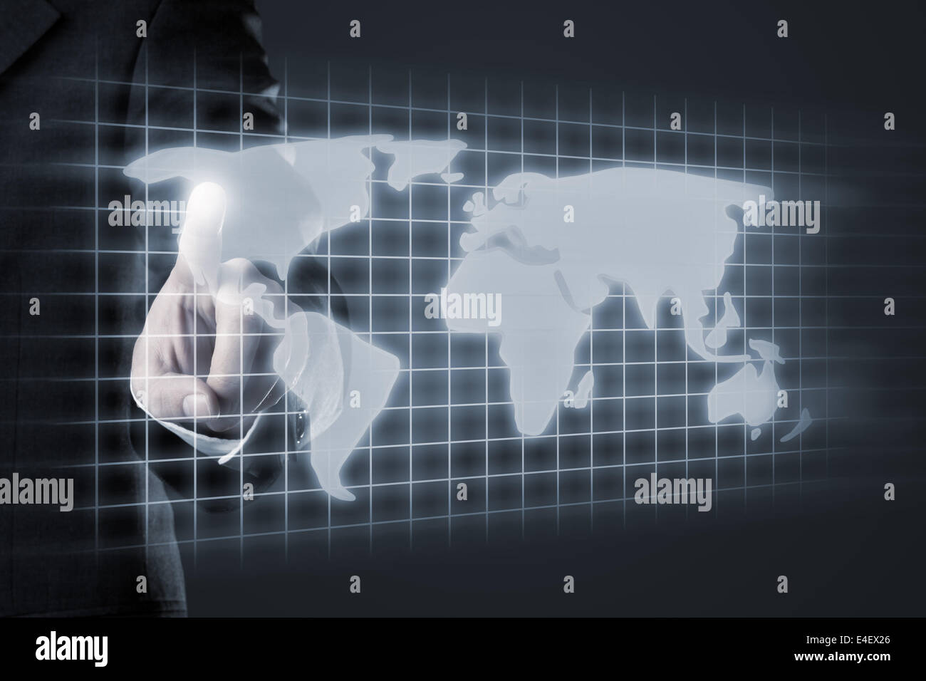 Businessman navigating world map on futuristic touch screen display ...