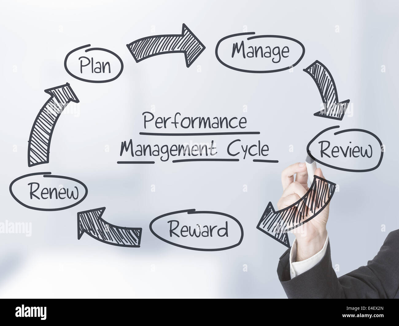 Businessman drawing Performance Management Cycle schema on transparent ...