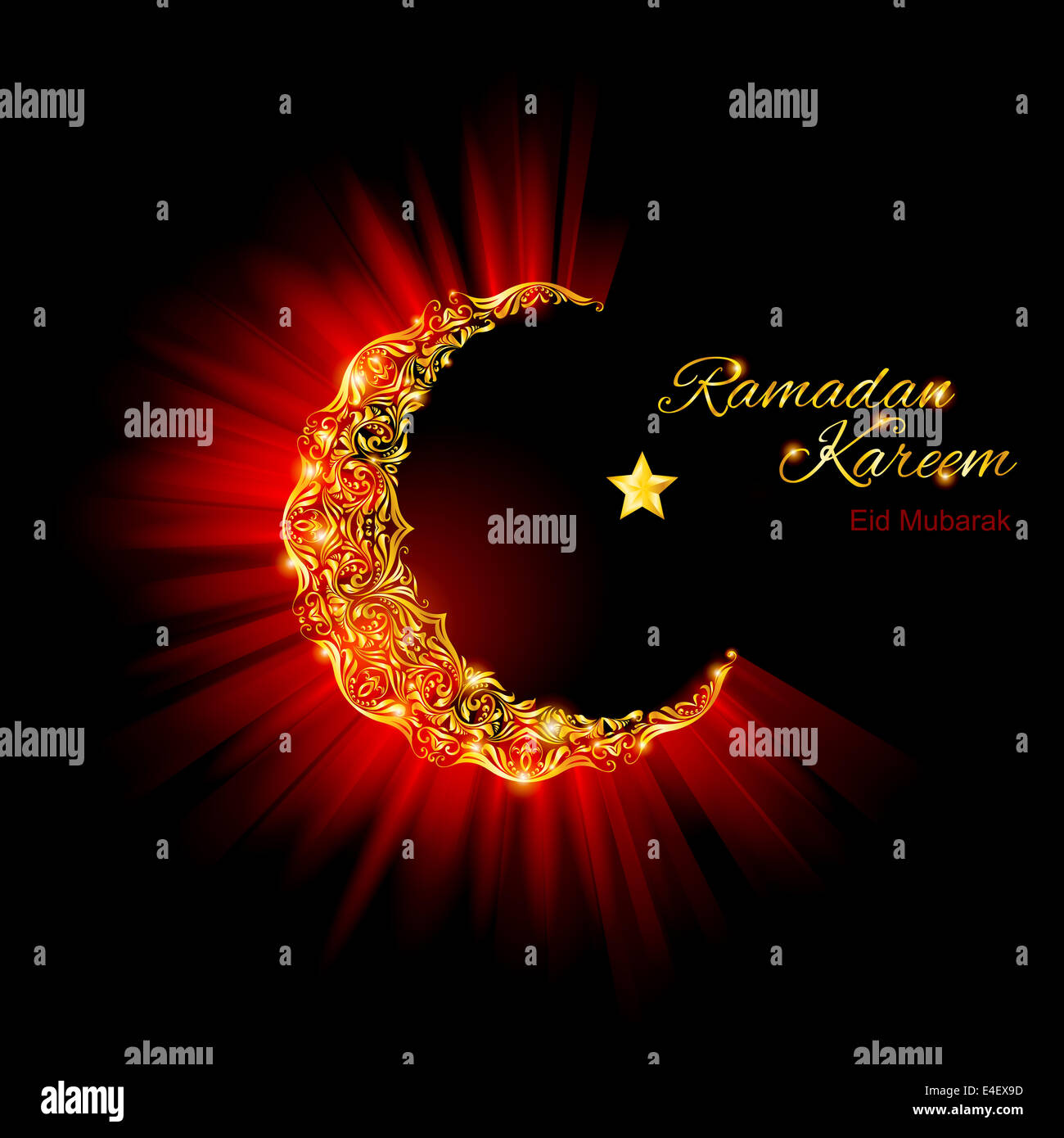 Glowing ornate Moon Crescent and a star in dark red and glowing gold ...