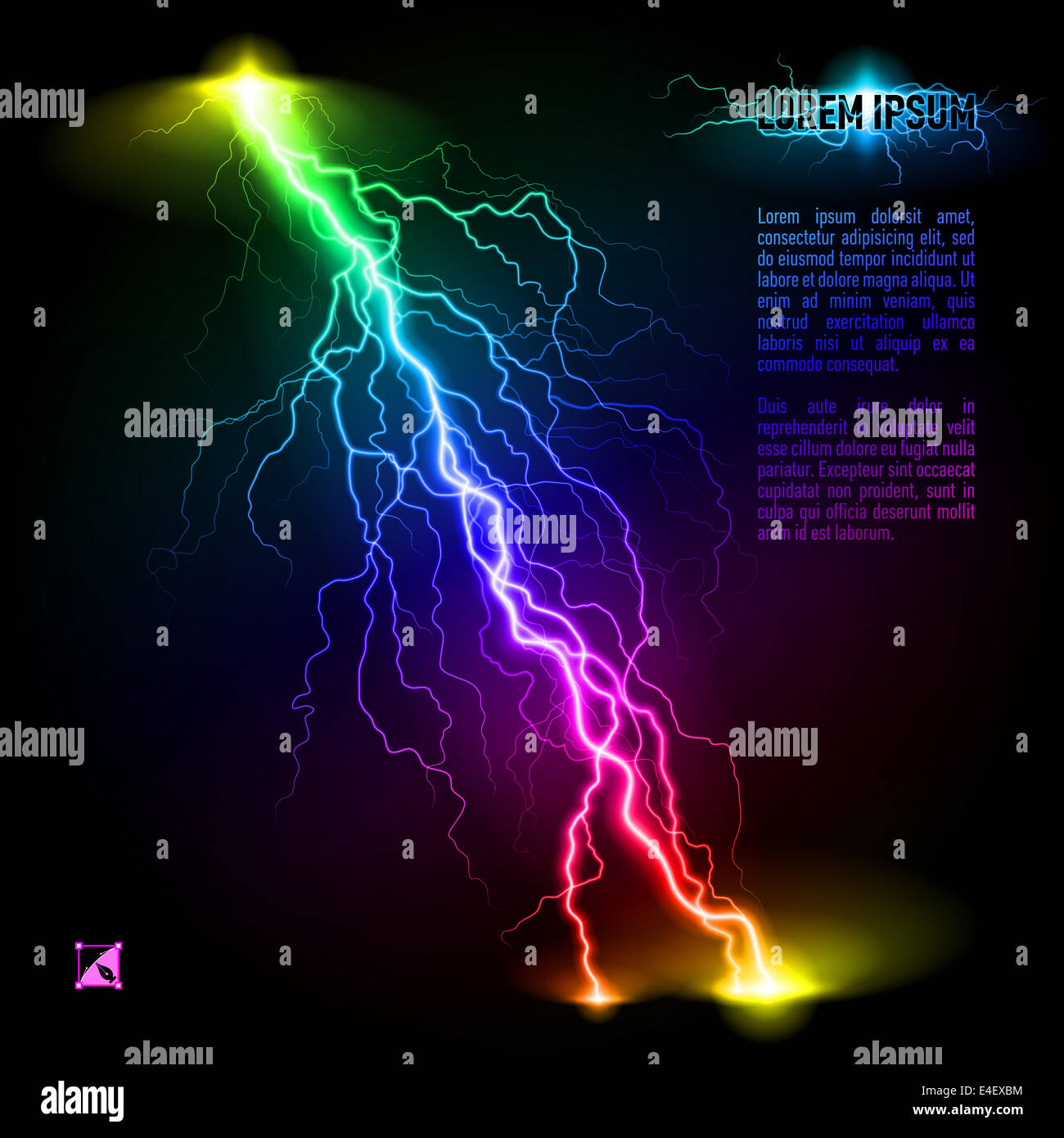 Colourful oblique branchy lightning line. Illustration with space for ...