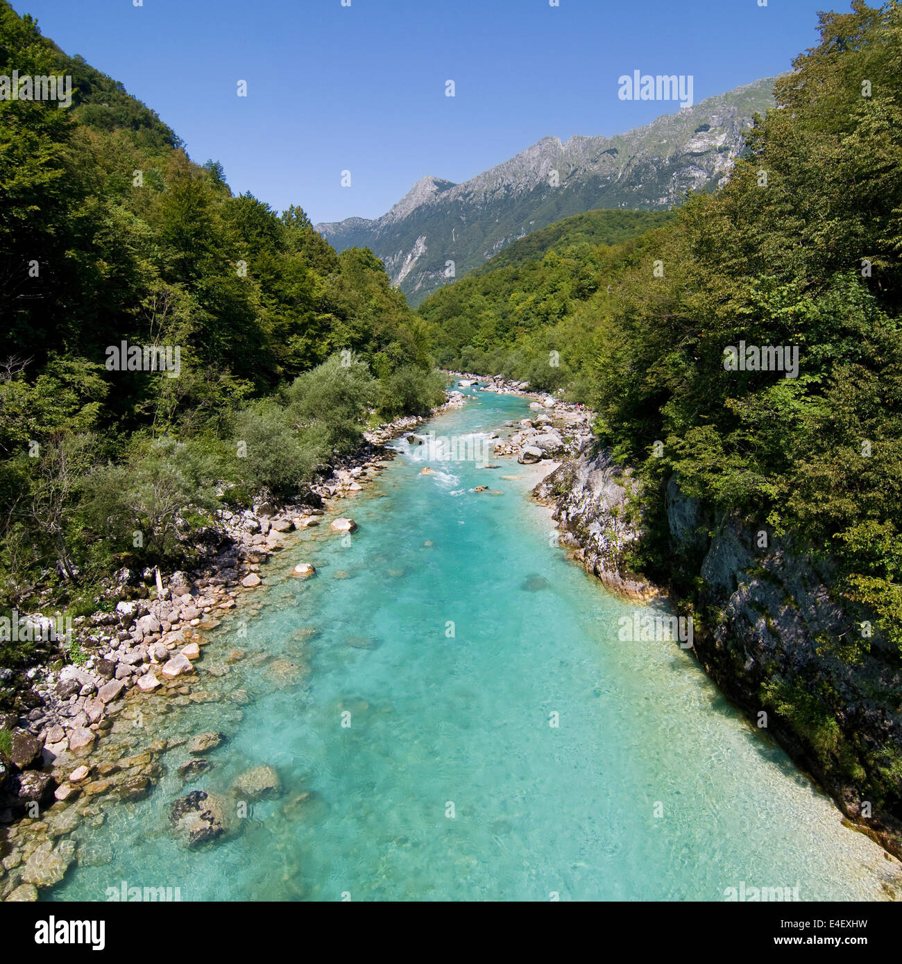 The emerald green waters of the alpine river Soca in Slovenia Stock ...